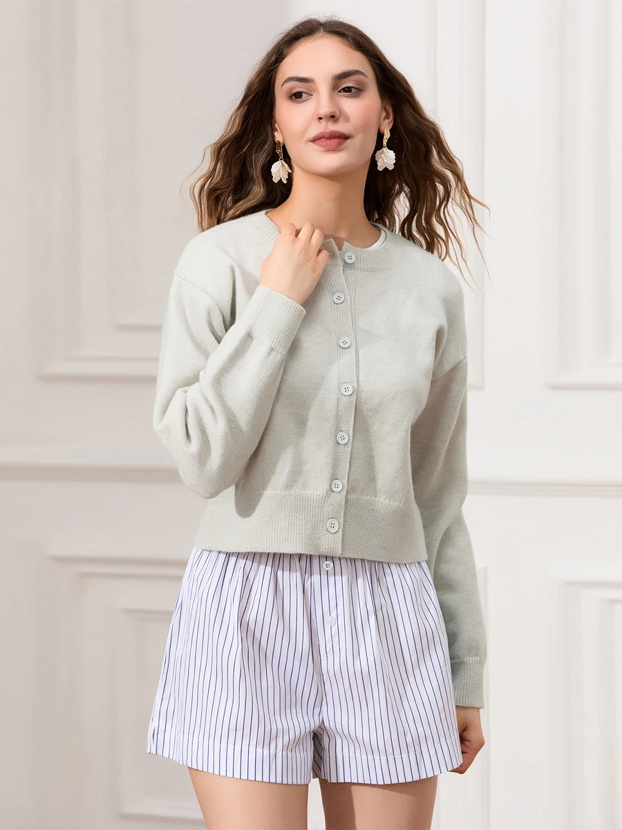 New Fashion Womens Crop Knit Cardigan Solid Color Crew Neck Button Down ...