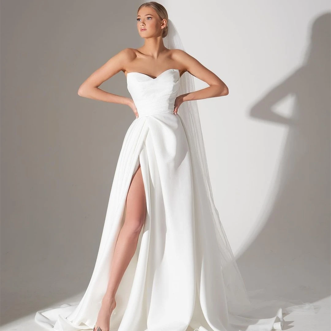 Sweetheart Satin Wedding Dress Side Slit A-Line Floor Length Robe De ...