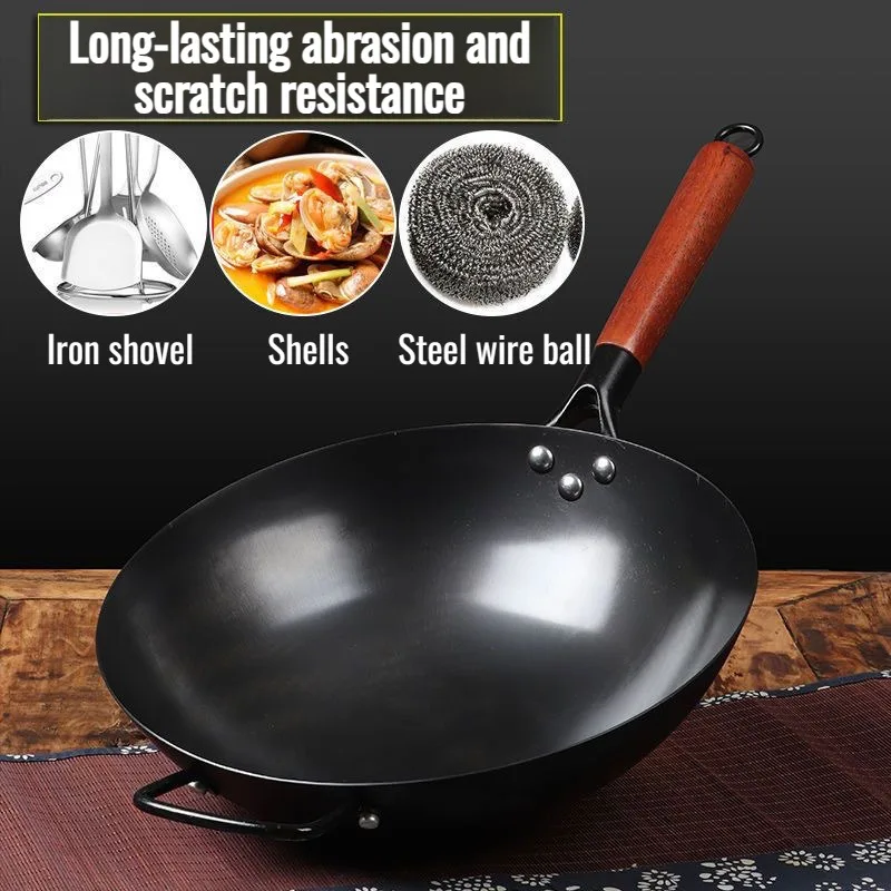 Traditional Uncoated Cast Iron Wok Rust Resistant Round Bottom Non ...