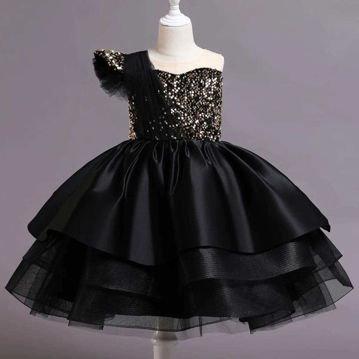 Charming Slant-Shoulder Kids Girls Sparkling Sequin Princess Dress For ...