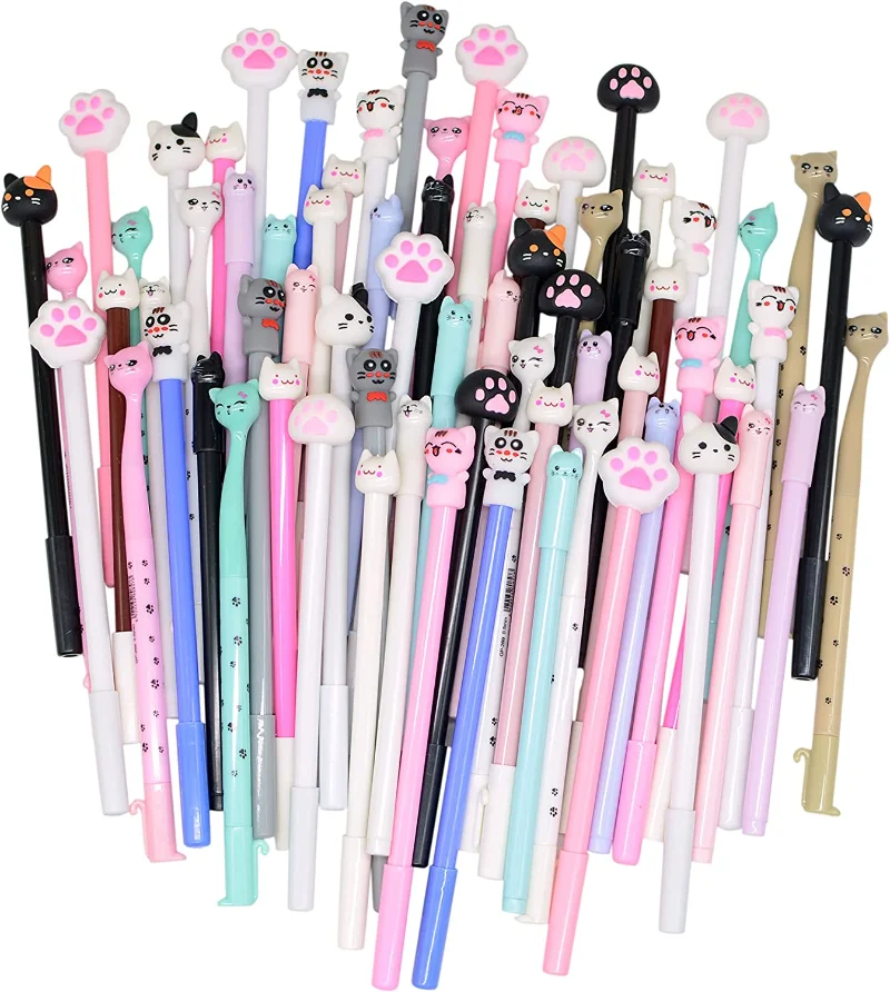 50 Pcs Cute Cartoon Novelty Gel Ink Cat Pens Writing Pens 0.5 Mm Black ...