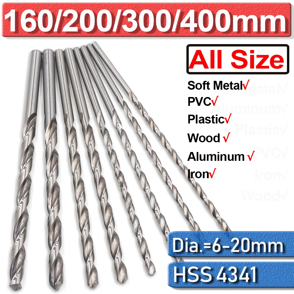 160/200/250/400mm Extra Long High Speed Steel Twist Drill Bit Set Round ...