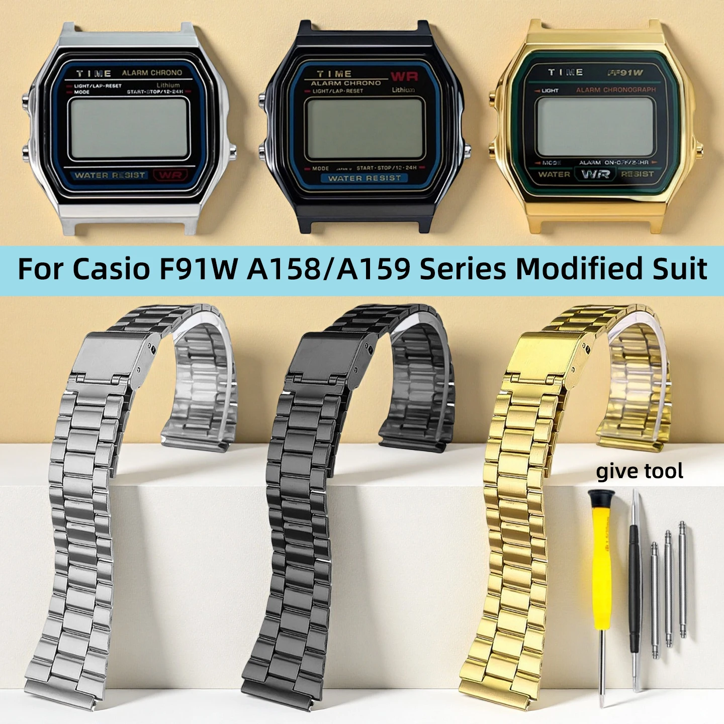 A158 Mod kit Stainless steel watch Case+Strap For Casio F91W A158W ...