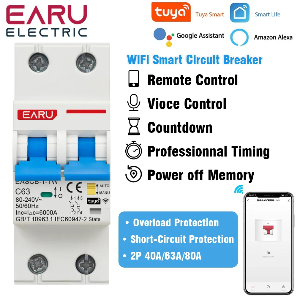 2P Tuya WiFi Smart Circuit Breaker MCB Timer Relay Switch Remote ...