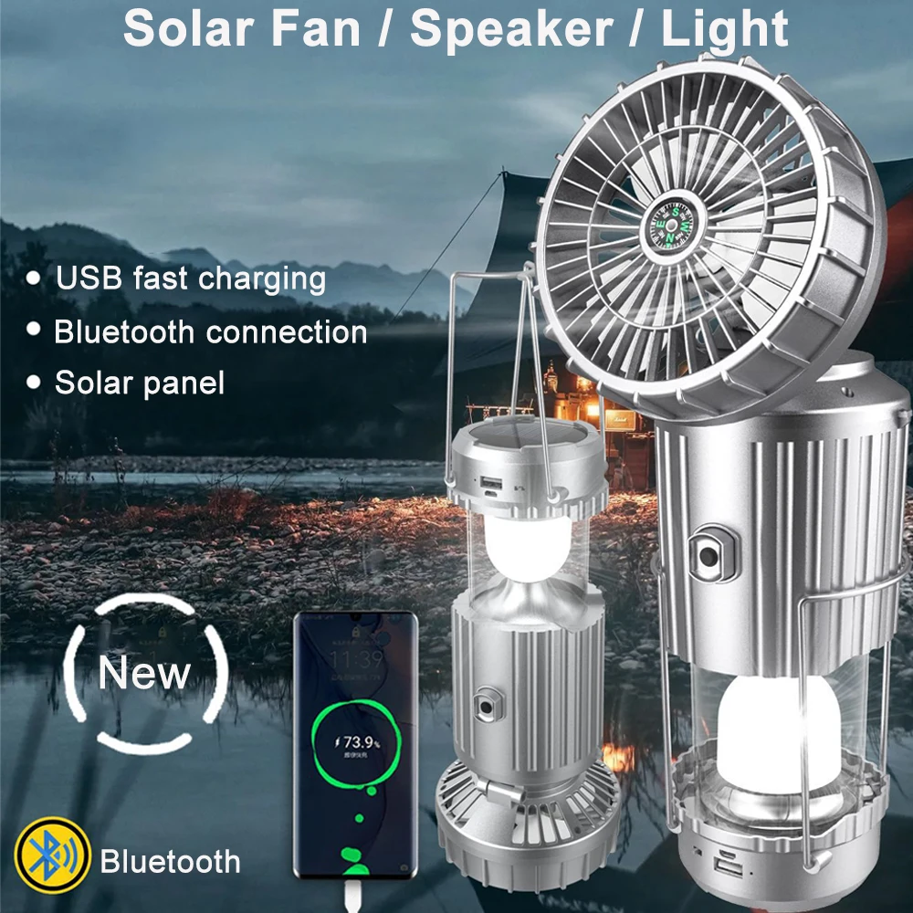 Outdoor-Solar-Fan-With-LED-Light-Audio-Compass-Multifunctional-Portable ...