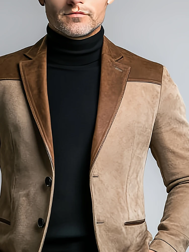 Men's British Style Suede Suit Blazer Stylish Contrast Lapel Casual ...