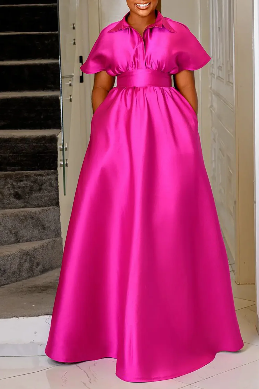 Plus-Size-Women-s-Long-Dress-Pink-Satin-Short-Sleeve-Lapel-Maxi-Dress ...