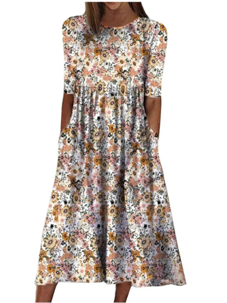 Summer Floral Dress Pullover Round Neck Middle Sleeve High Waist Pocket ...