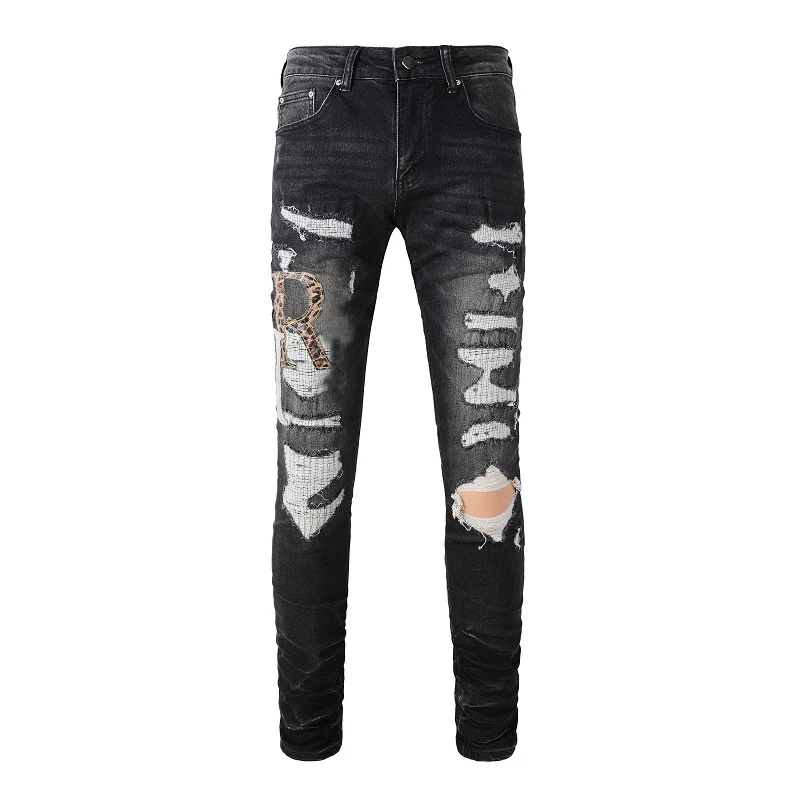 Men-s-Distressed-High-Street-Black-Jeans-Embroidered-Letters-Skinny ...