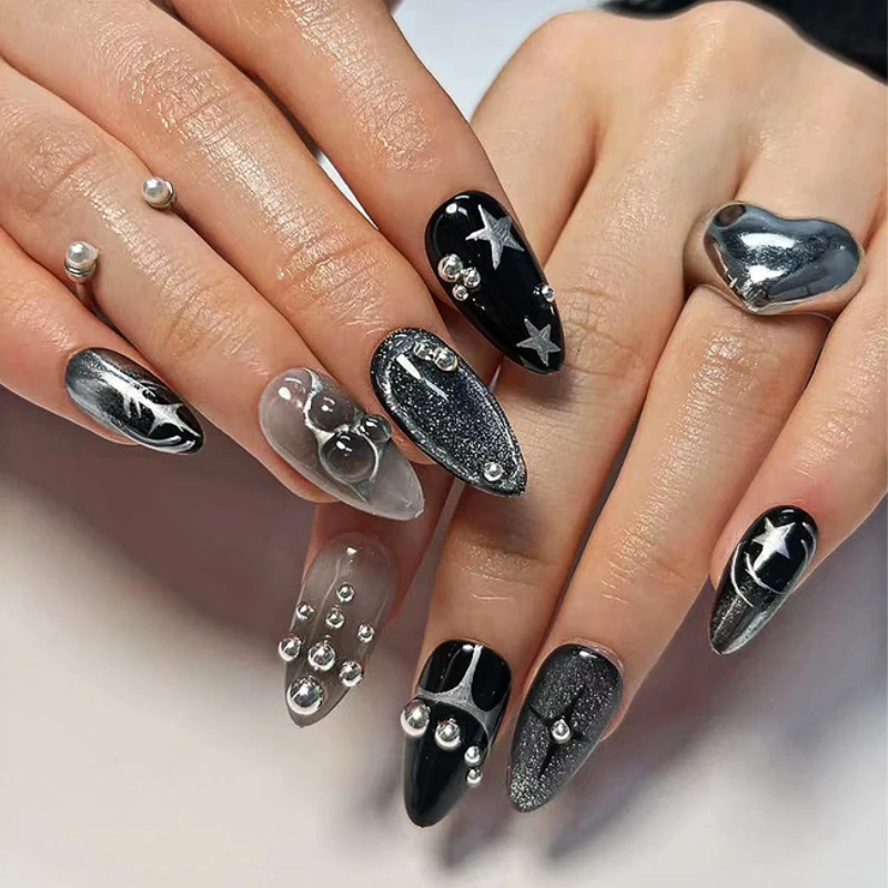 Dark-Punk-Press-on-Nails-Black-Grey-Silver-Pearl-Stars-Cat-Eye-Almond ...