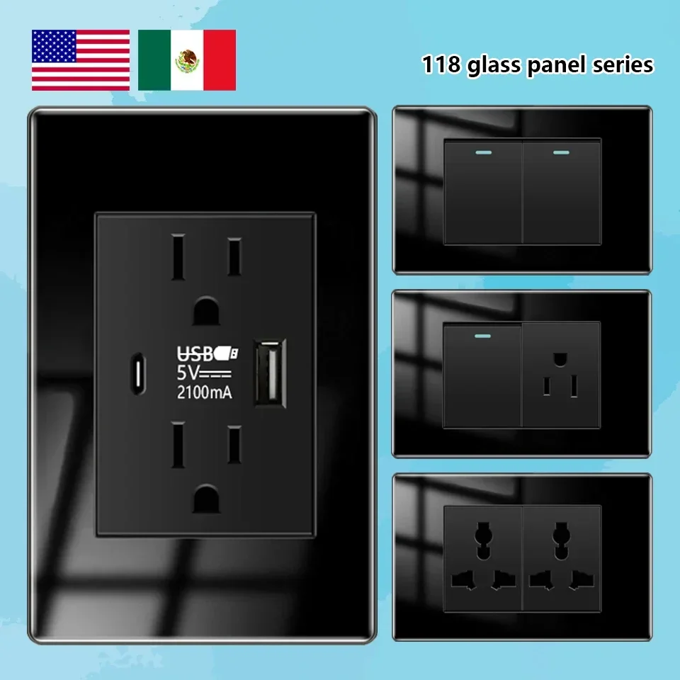 American Black Tempered Glass 15A Light Electrical Switch,US Plug USB ...