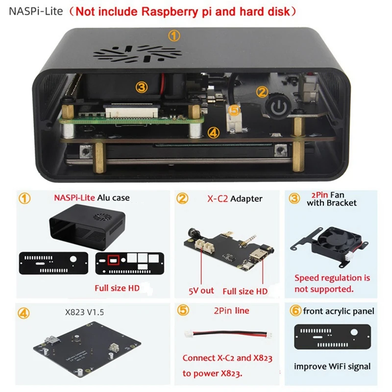 Naspi 라이트 키트 + X823 확장 보드 + X C2 어댑터 보드 + 케이스 라즈베리 파이 SATA HDD/SSD 하드 디스크 NAS 스토리지 서버 ...