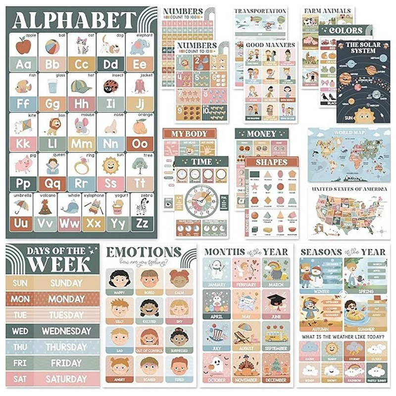 18 Modern Boho Educational Posters For Preschoolers - Laminated Pre-K ...