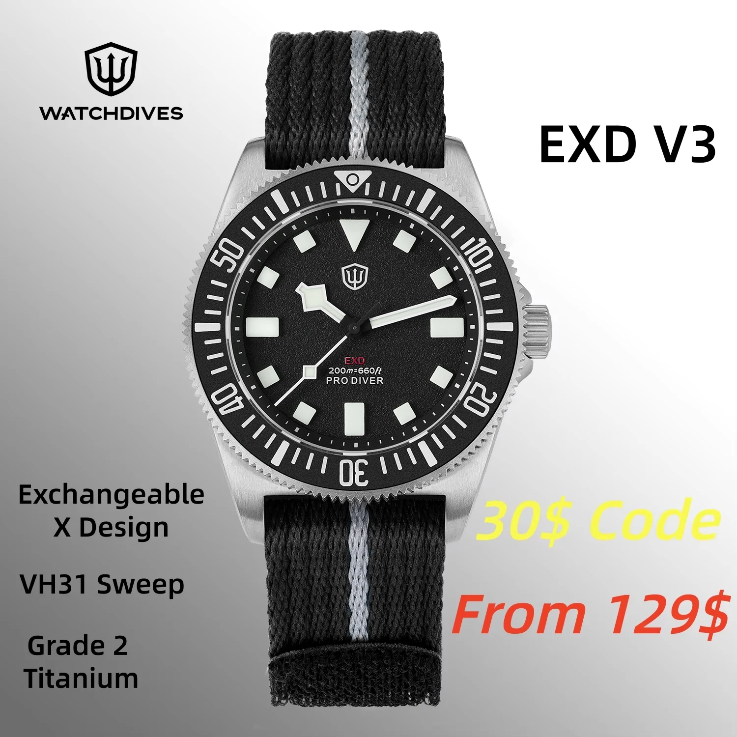 Watchdives EXD 40 Titanium VH31 Sweep Quartz Watch Sapphire Crystal ...
