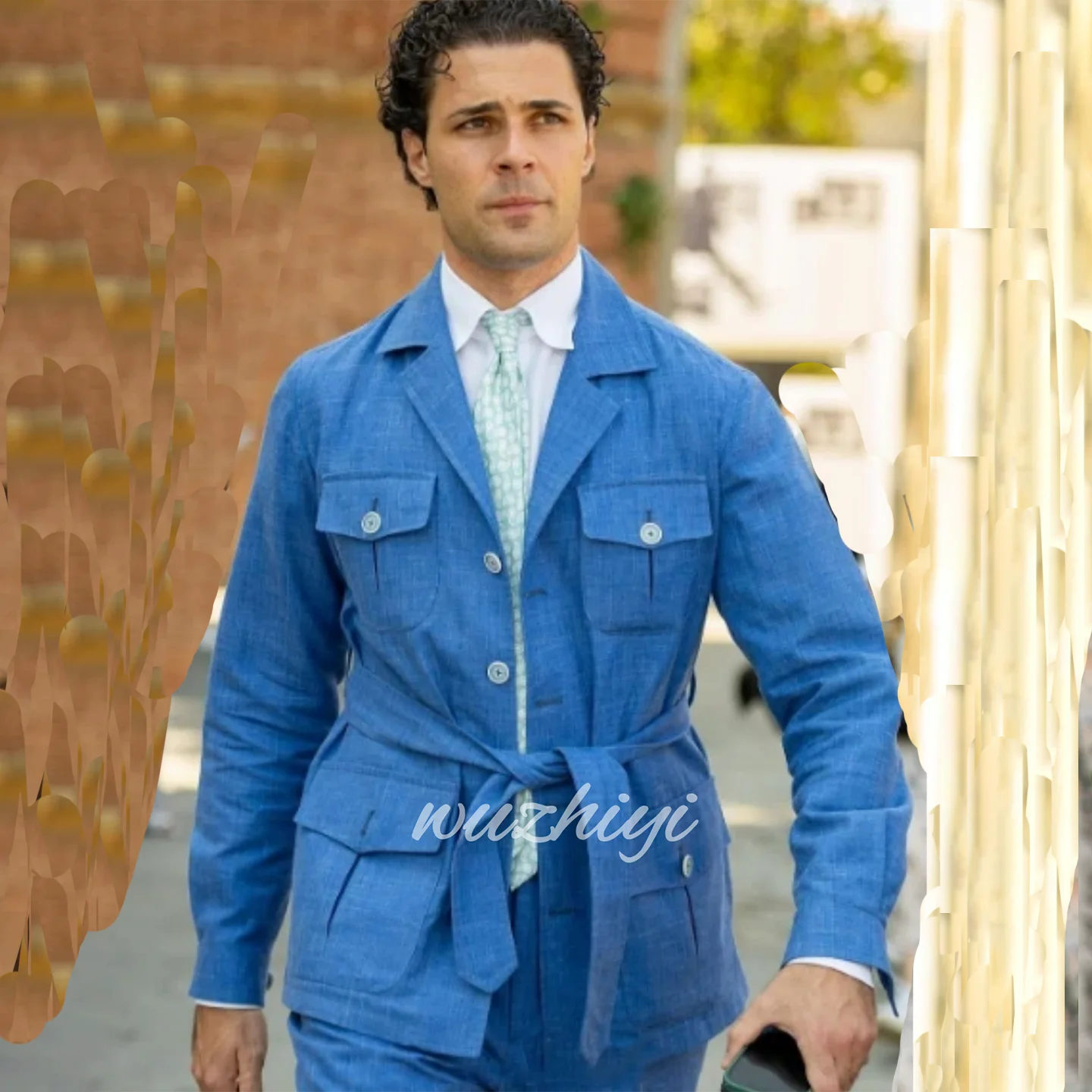 Blue Men's Safari Jacket with Belt 2 Piece Leisure Four Pockets ...