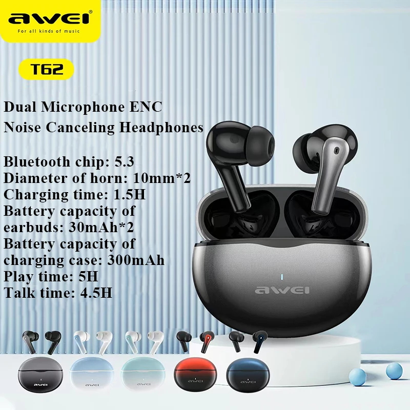 Awei T62 4 Mic ENC Earphones Bluetooth 5.3 Earbuds TWS Wireless Earbuds ...