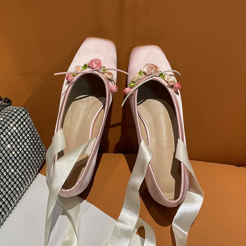 Ribbon-pink-rose-flower-Bandage-Pumps-Woman-Low-Chunky-Heels-Square-Toe ...