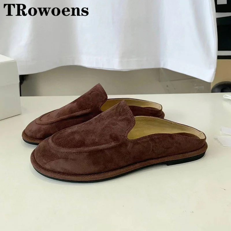 Summer New Slippers Woman Genuine Leather Flat Slides Round Toe Outdoor ...