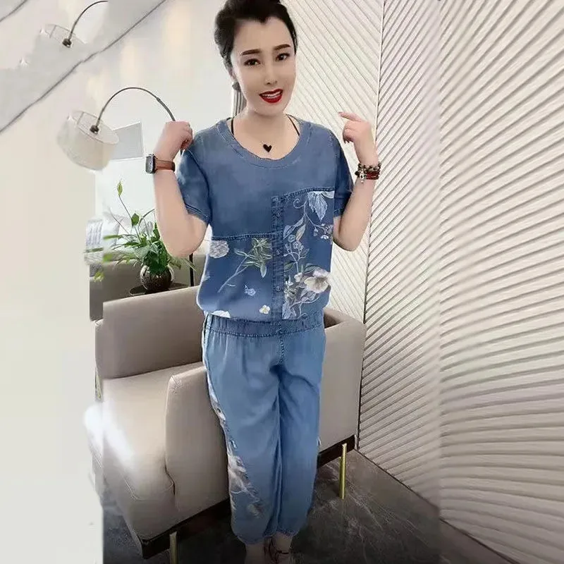 2022 Summer New Splicing Casual Denim Sets Female T-shirt Loose Elastic ...