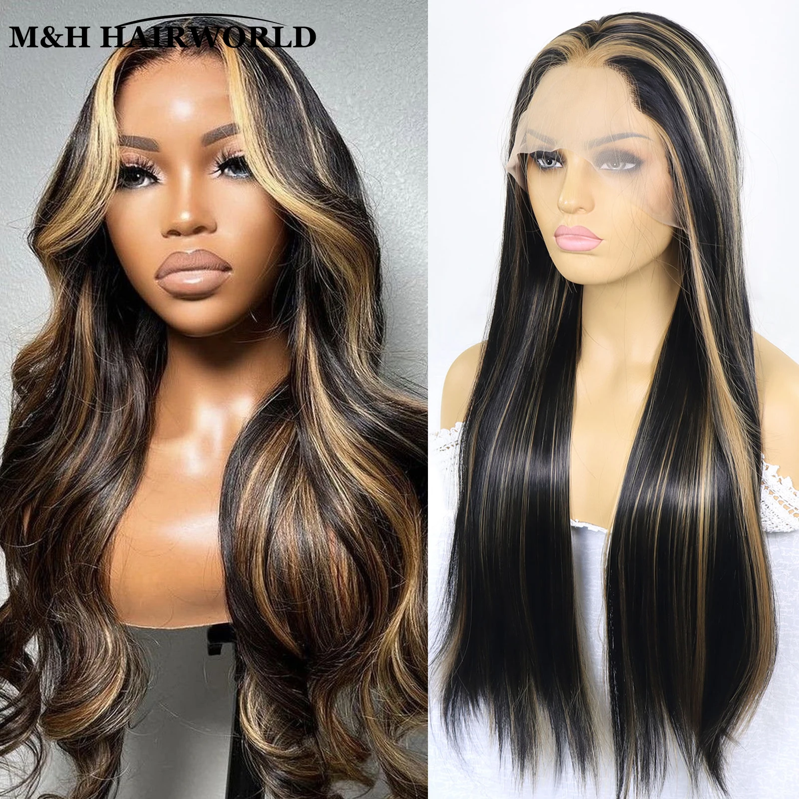 Wavy-Blonde-Highlights-Lace-Front-Wigs-For-Women-Black-Brown-Colored-Long-Straight-Synthetic ...
