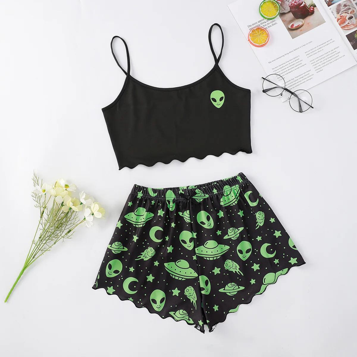 New-Women-s-Pajamas-Sexy-Alien-Print-Sling-Sleepwear-Set-V-Neck-Pyjamas ...