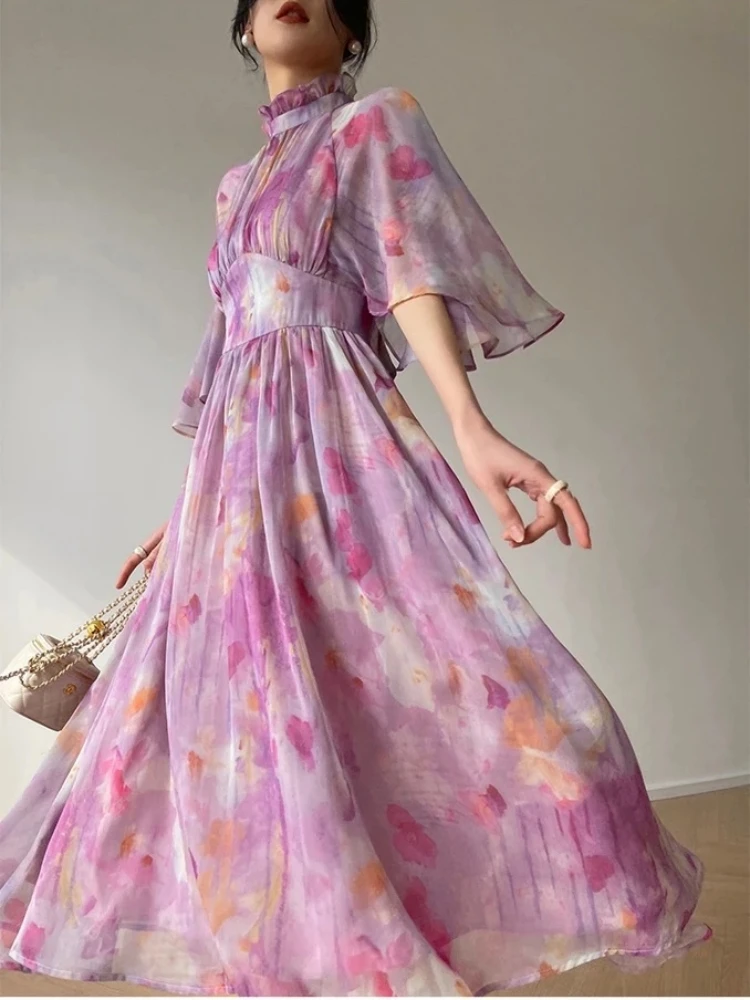 Vestido-de-gasa-de-lavanda-con-estampado-de-flores-para-mujer-vestido ...