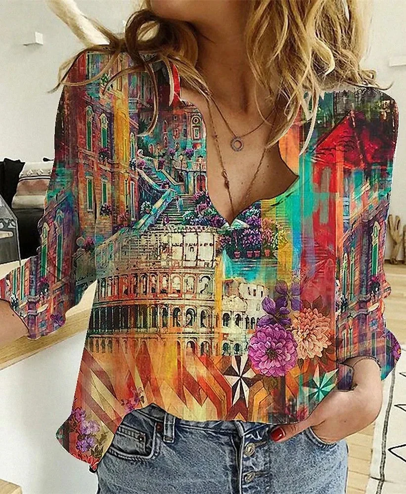 Elegant Loose Shirt Woman Weekend Casual 3D Flower Print Woman Shirt ...