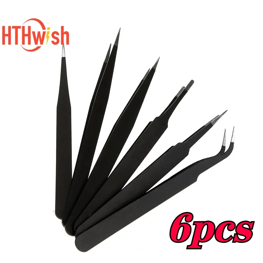 6PCS ESD Anti-static Stainless Steel Tweezers Kit Electronics Repair ...