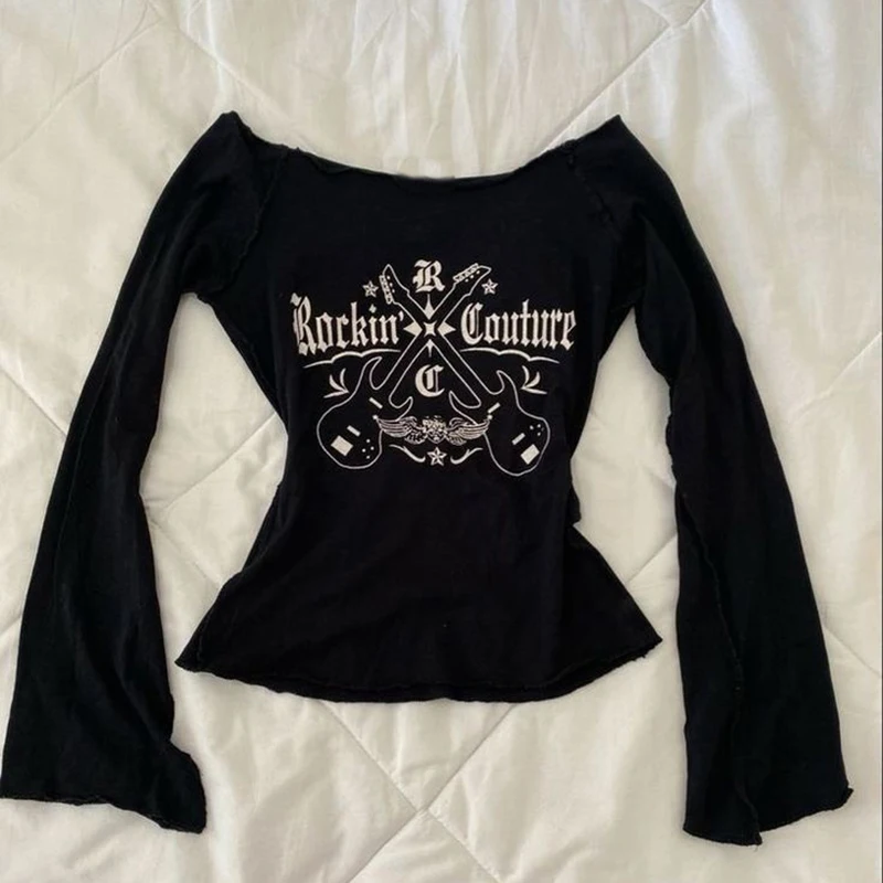 Y2k gothic Grunge Graphic Long Sleeve Tees Tops Women Autumn E-Girls ...
