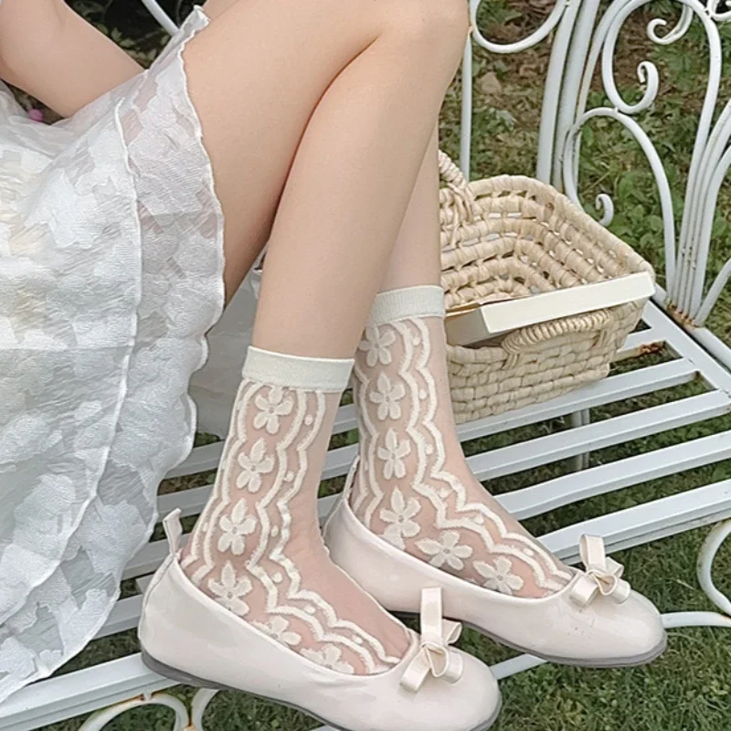 Floral Print Crystal Silk Socks Women Ultra-thin Transparent Nylon Long ...