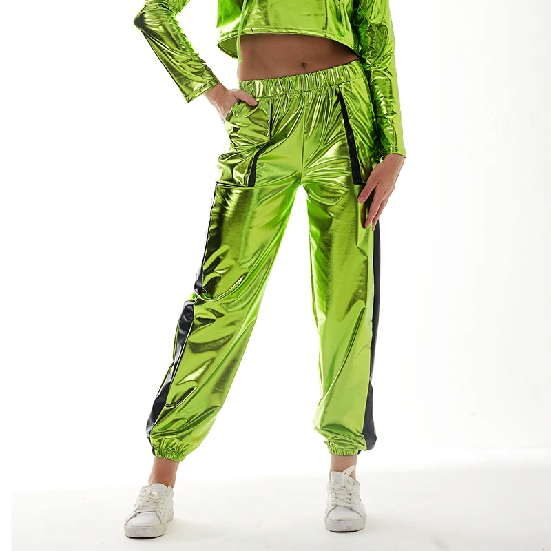 Women Shiny Patchwork Joggers Trousers Metallic Sweatpants Party Hip ...