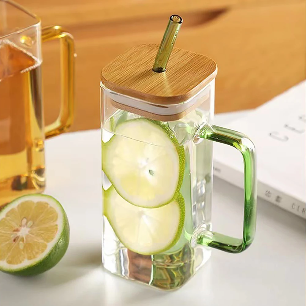 400ml-Square-Glass-Cup-With-Bamboo-Lid-and-Straw-High-Temperature ...