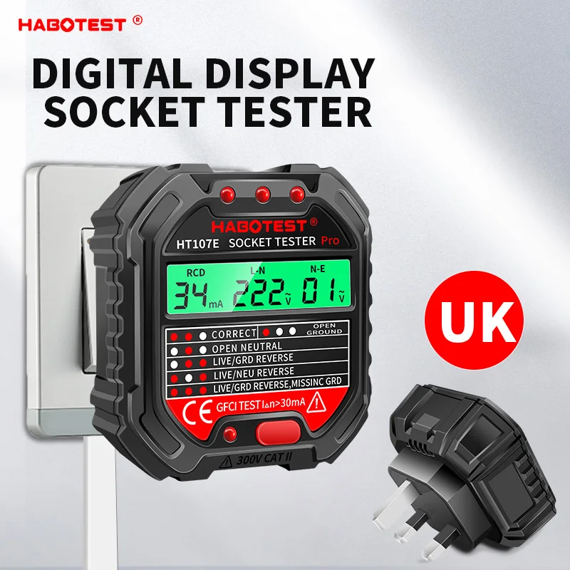 HABOTEST New Digital Display Socket Tester UK US EU Plug Polarity Phase ...