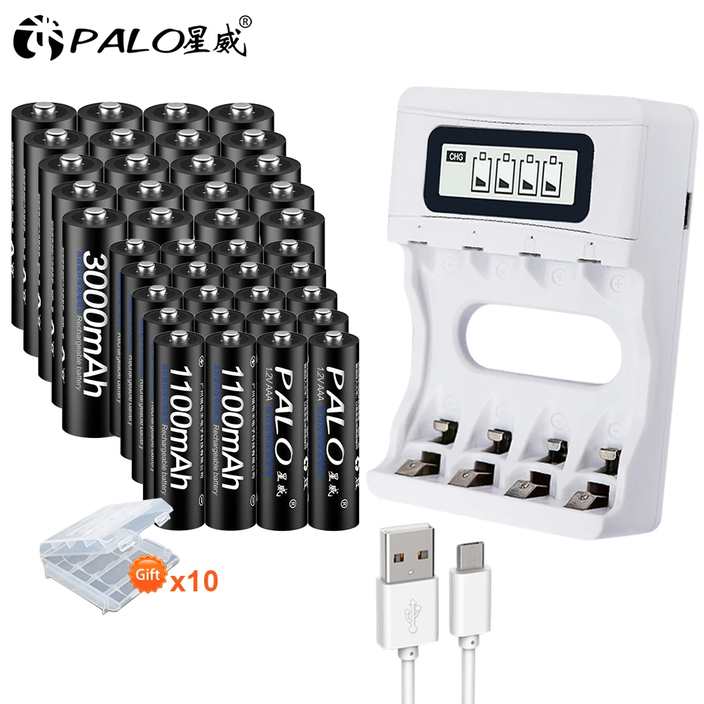 Baterias recarregáveis 3000mah do aaa da bateria 1.2 mah + 1100 v quente de palo aa com bateria ...