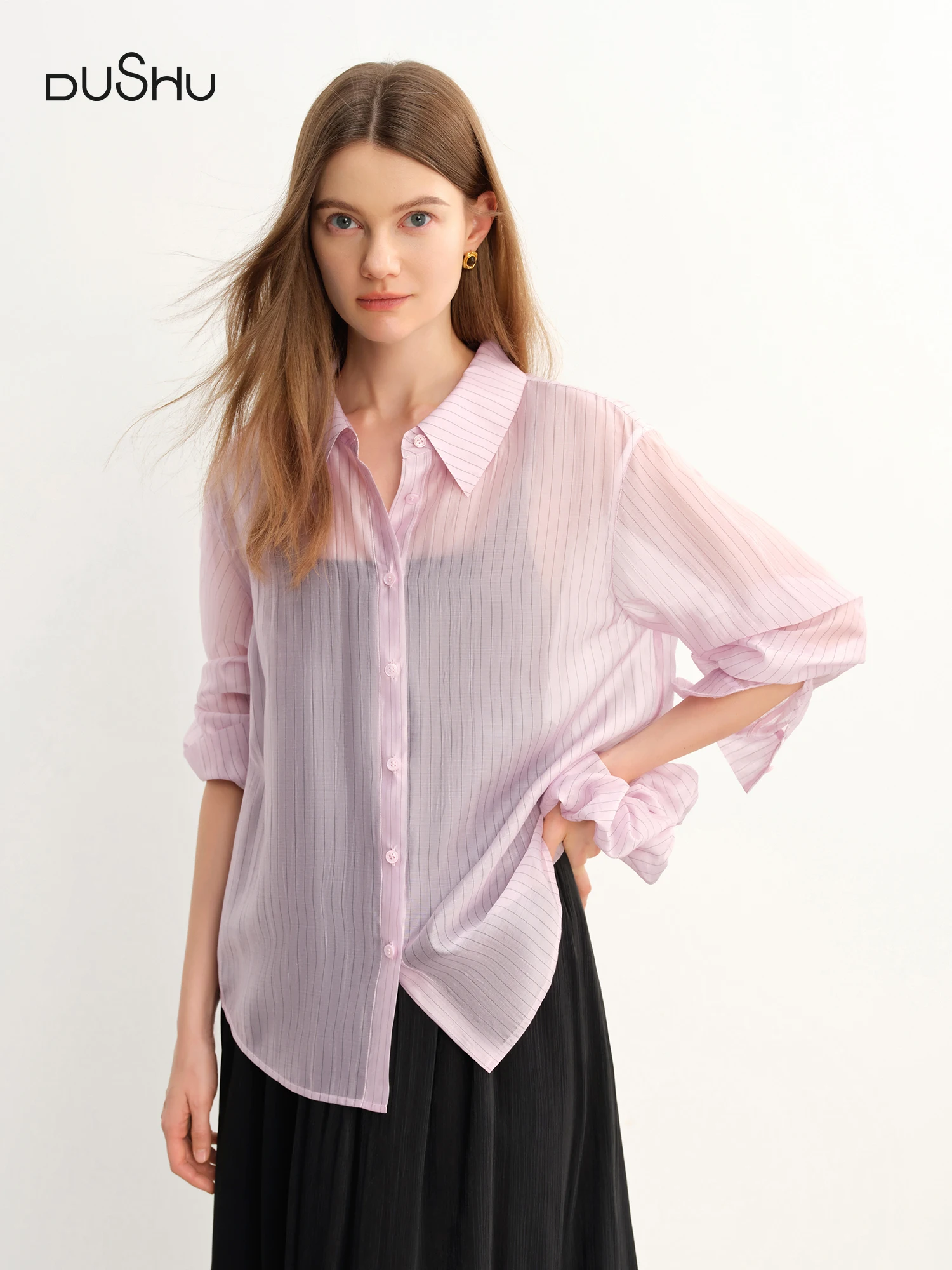 DUSHU Plus Size Striped Perspective Long-sleeved Shirt For Women 2025 ...