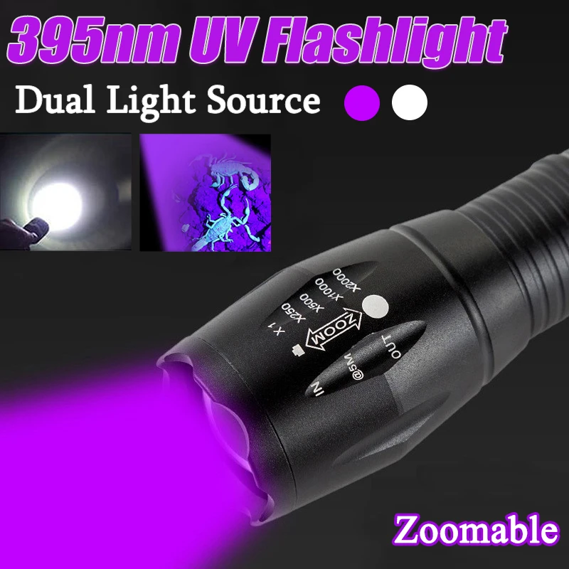 Purple-White-Dual-Light-Flashlights-Ultraviolet-Torch-Zoom-Retractable ...
