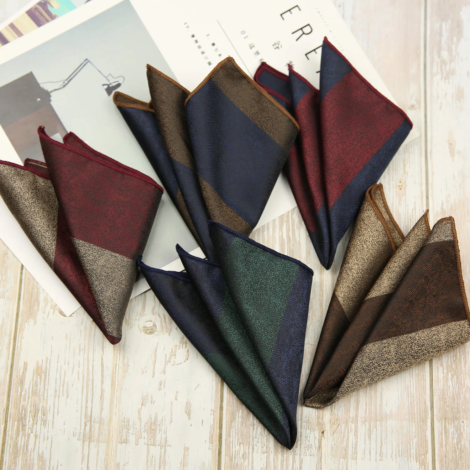 23CM Men Silk Pocket Square Brown Red Striped Handkerchief Business ...
