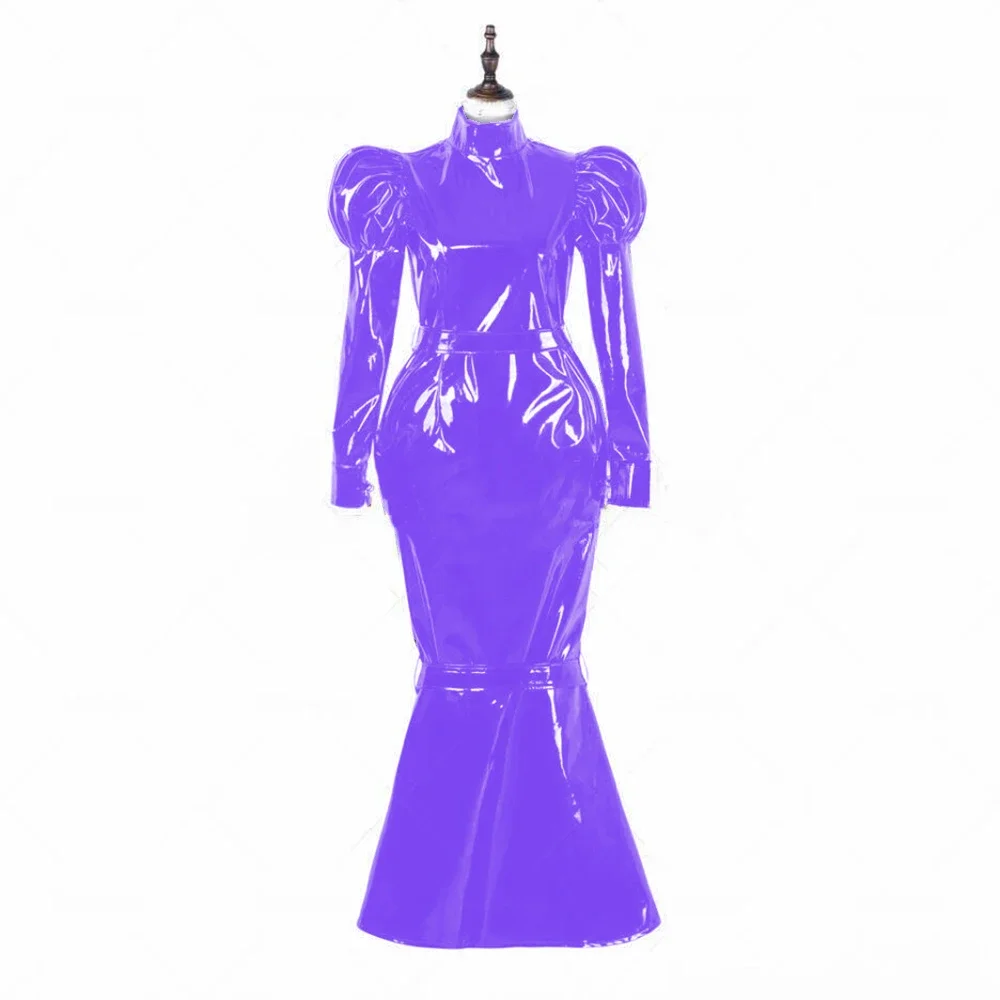 Lockable-Glossy-PVC-Long-Sleeve-High-Neck-Sheath-Maxi-Dress-Puff-Sleeve ...