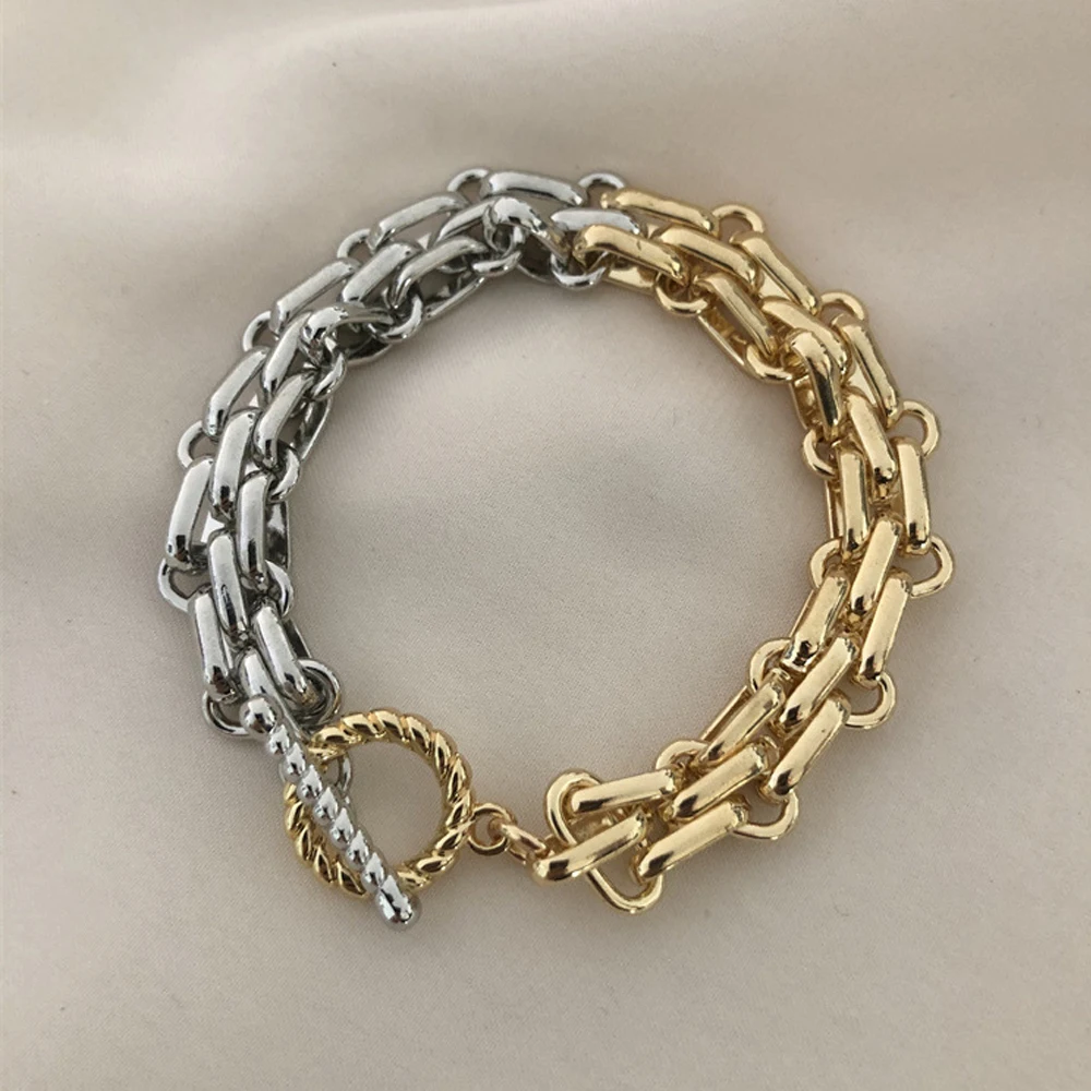 GHIDBK-Punk-Half-Gold-Color-Half-Silver-Color-Chunky-Wide-Chains-Bracelets-Woman-Rock-Toggle ...