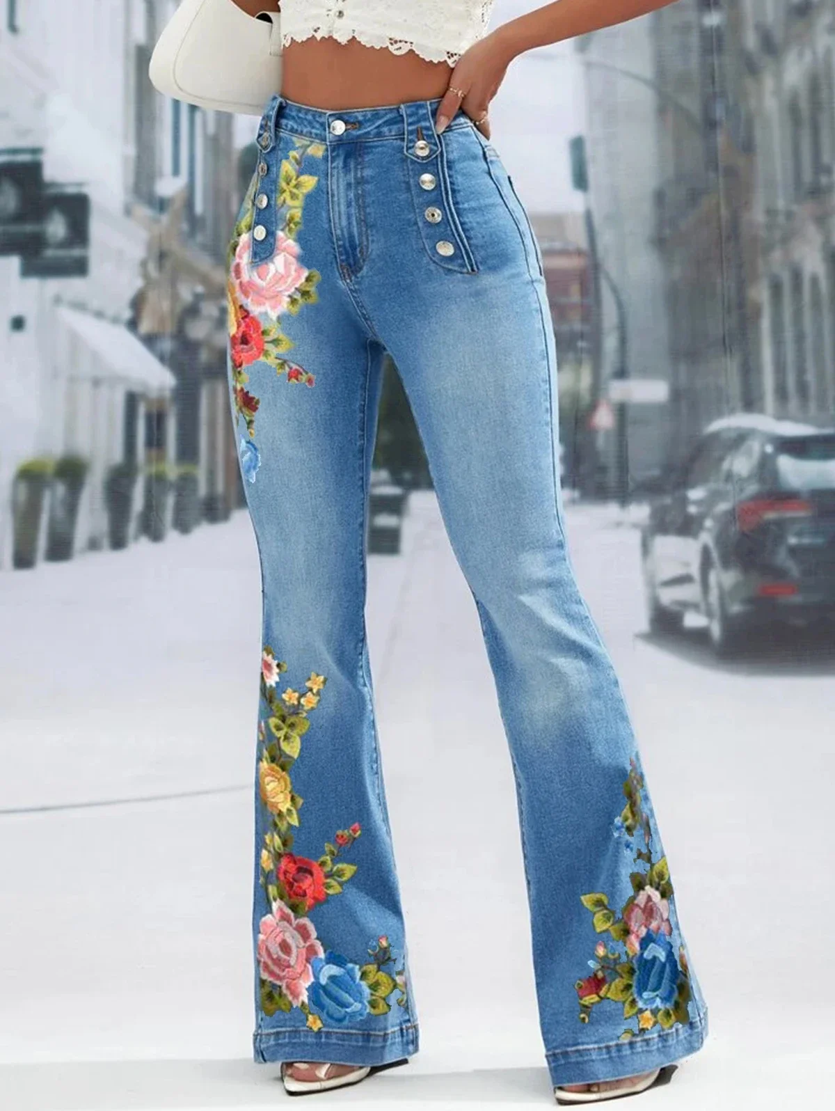 Plus-Size-Women-Jeans-Plain-Button-Decor-Flare-Leg-Long-Denim-Pants ...