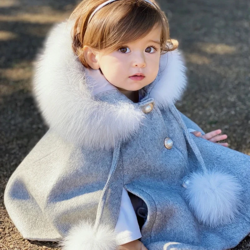 Winter-Girls-Wool-Cape-Fox-Fur-Collar-Cloak-Coat-Children-s-Princess ...
