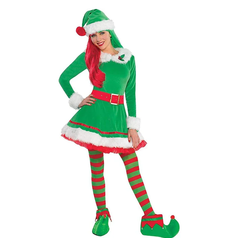 2024 Christmas Adult Womens Christmas Elf Costumes Santa Claus Green ...