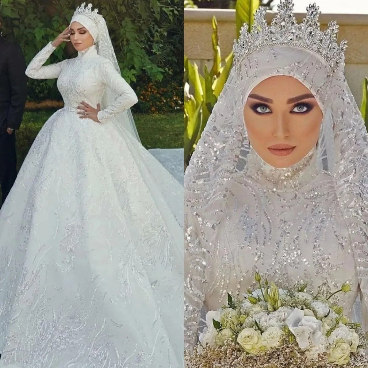 Customized Sequins Muslim Wedding Dresses with Hijab Long Sleeves ...