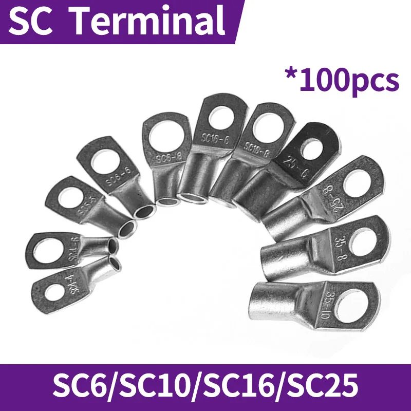 100pcs SC6-5/6/8 SC10-6/8/10 SC16-6/8/10/12 SC25-6/8/10/12 Copper Lug ...