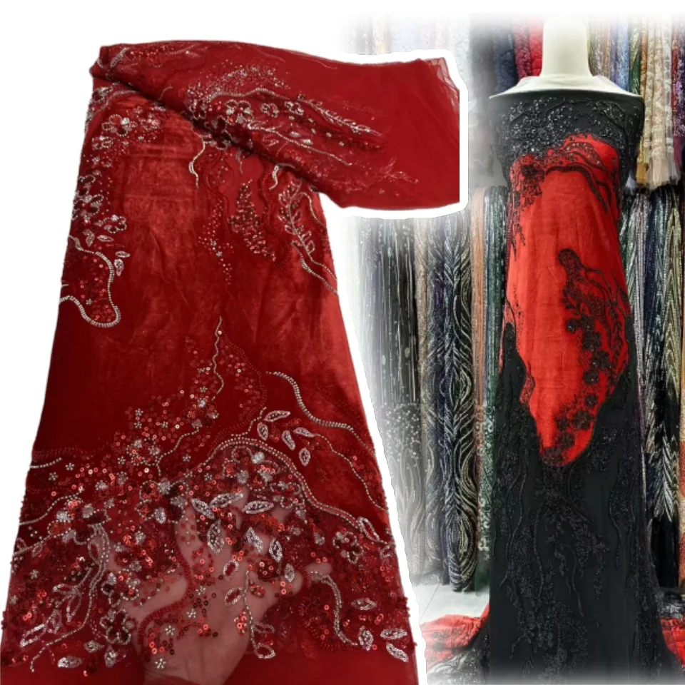 Luxury Velvet Lace Fabric 5 Yars High Quality 2025 Black Beaded Lace ...