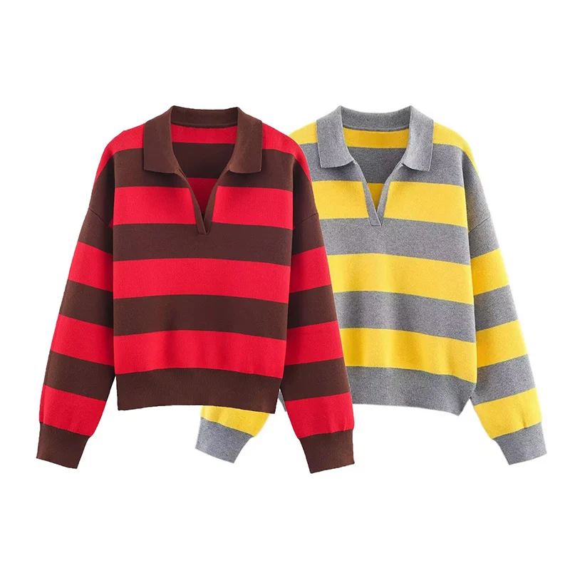 Autumn Winter Polo Collar Long Sleeve Striped Knitted Tops Women ...