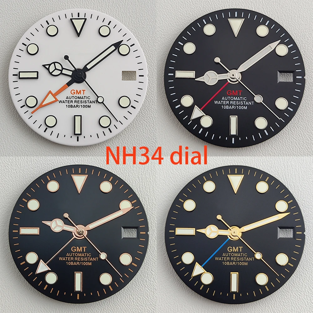 NH34 dial NH34 hands 29mm GMT Four Hands Green Luminous Watch Dial for ...
