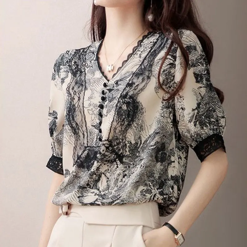 Vintage-Ink-Painting-Printed-Shirt-Women-s-Clothing-Elegant-V-Neck-Lace ...