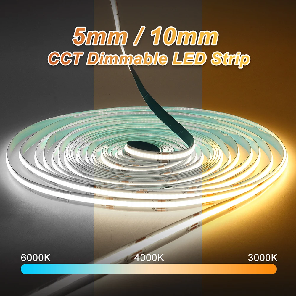 2700K-6500K Dimbare LED Strip Licht 5mm 10mm CCT COB LED Strip Bicolor ...