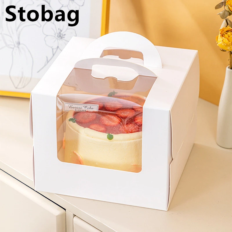 Stobag 3inch White Box Transparent Portable Handle Mousse Cake Baking ...